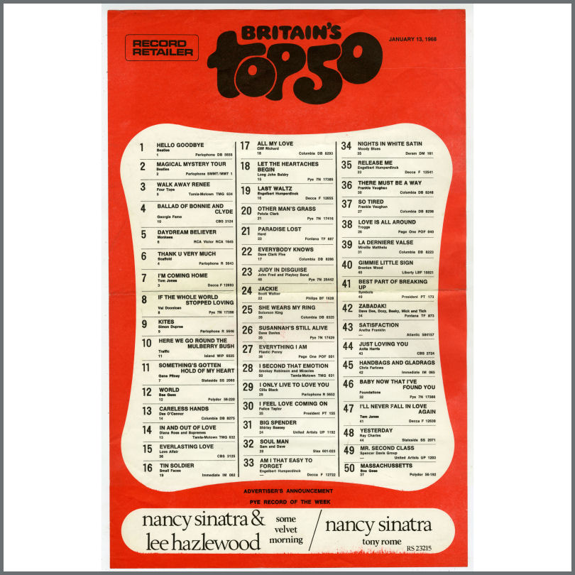 B25672 Britain s Top 50 1968 Promotional Chart Poster UK Tracks Ltd b25672-britain-s-top-50-1968-promotional-chart-poster-uk-tracks-ltd